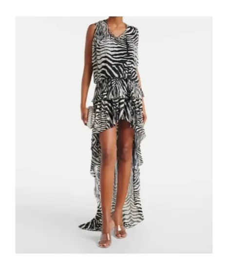 Blumarine Zebra Print Asymmetrical Chiffon Maxi Dress