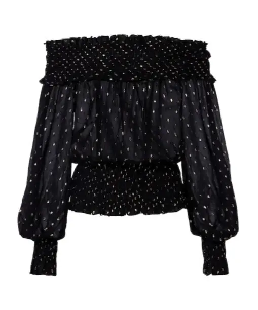 SELF-PORTRAIT Shirred Metallic-effect Off-shoulder Top