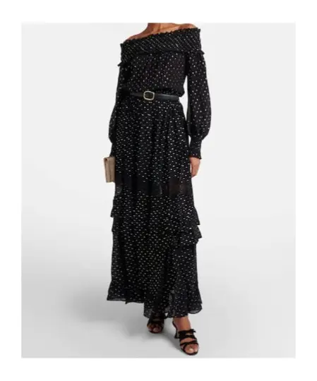SELF-PORTRAIT Shirred Metallic-effect Off-shoulder Top