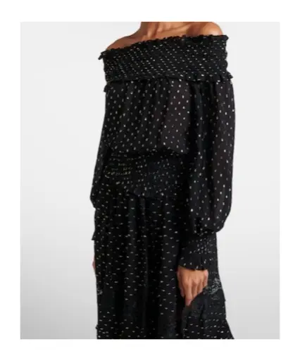 SELF-PORTRAIT Shirred Metallic-effect Off-shoulder Top