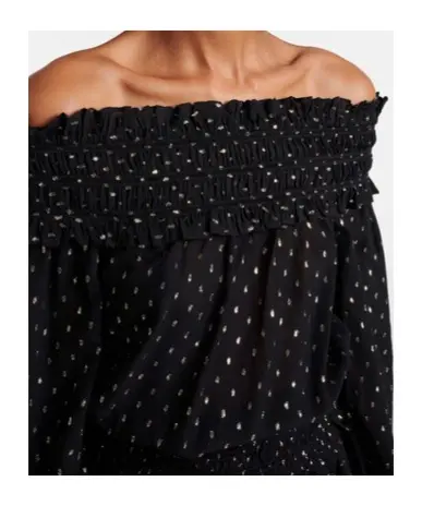 SELF-PORTRAIT Shirred Metallic-effect Off-shoulder Top