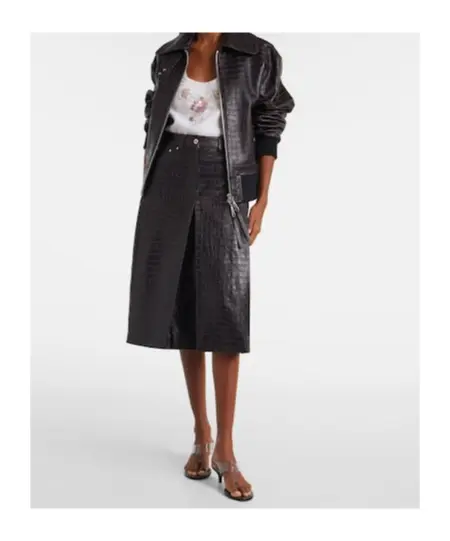 Rabanne Pleated Croc-effect Leather Midi Skirt