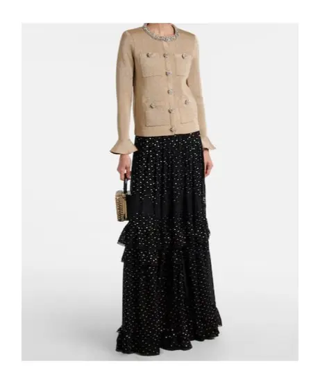 SELF-PORTRAIT Belted Lace-trimmed Polka-dot Chiffon Maxi Skirt