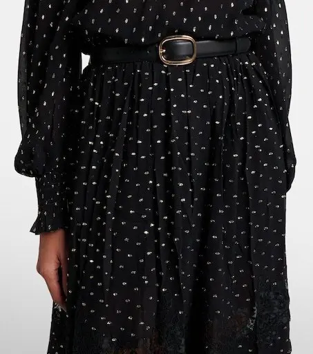 SELF-PORTRAIT Belted Lace-trimmed Polka-dot Chiffon Maxi Skirt