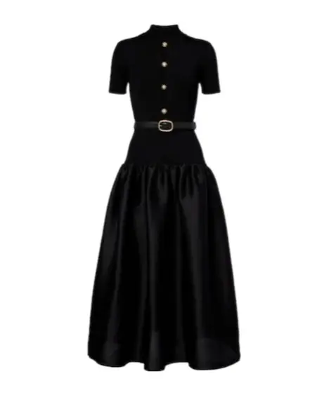 SELF-PORTRAIT Belted Keyhole Cutout Taffeta Midi Dress - Black