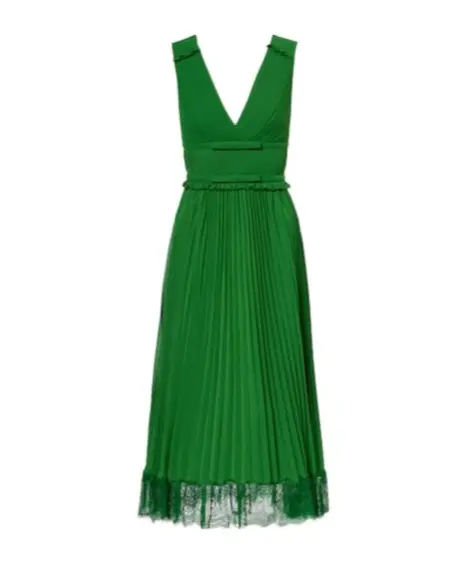 SELF-PORTRAIT Lace-trimmed Plissé Chiffon Midi Dress - Green