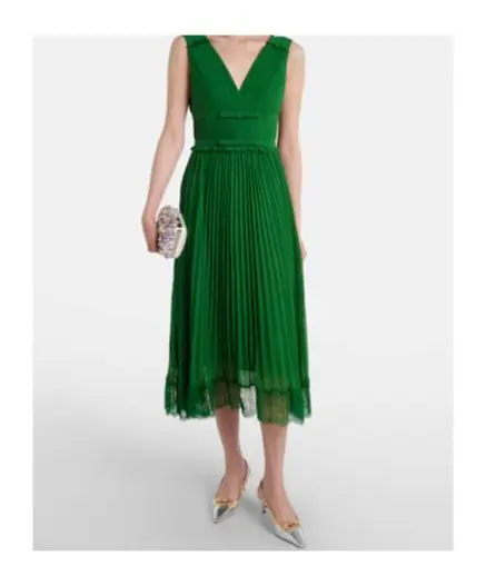 SELF-PORTRAIT Plissé Chiffon Midi Dress With Lace Trim