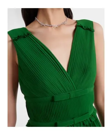 SELF-PORTRAIT Plissé Chiffon Midi Dress With Lace Trim