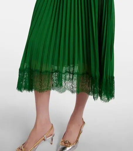 SELF-PORTRAIT Plissé Chiffon Midi Dress With Lace Trim