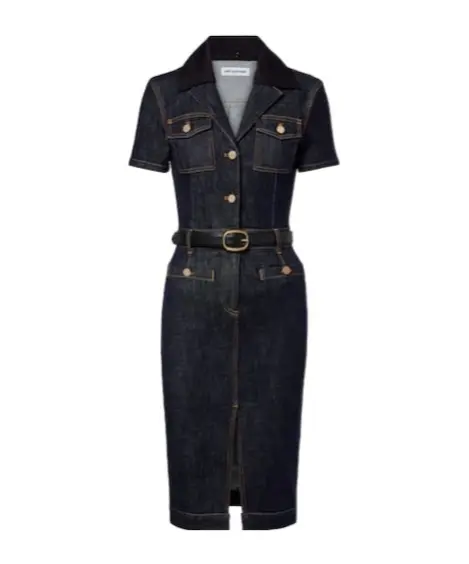 SELF-PORTRAIT Belted Denim Midi Dress