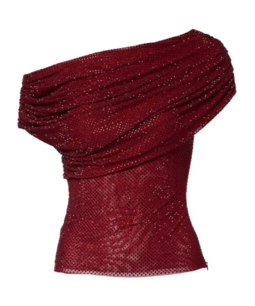 SELF-PORTRAIT Draped Embellished Mesh Top - Red