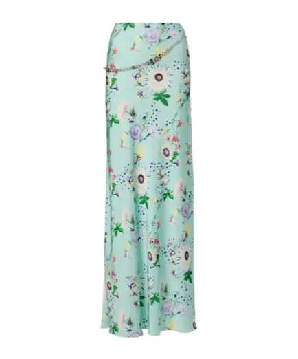 Rabanne Floral Satin Maxi Skirt With Chain Detail - Green