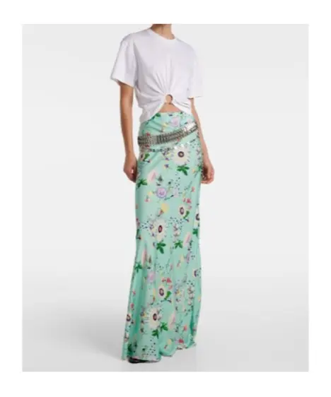 Rabanne Floral Satin Maxi Skirt With Chain Detail - Green