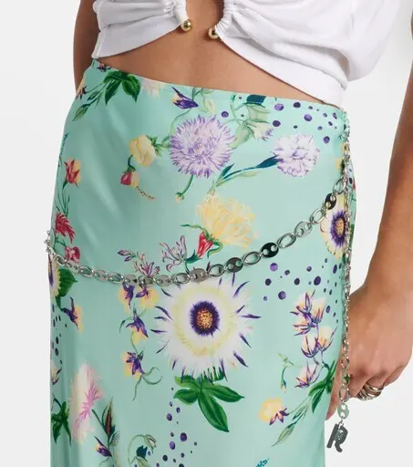 Rabanne Floral Satin Maxi Skirt With Chain Detail - Green