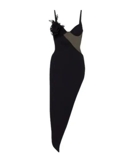 David Koma Asymmetrical Floral Appliqué Midi Dress - Black