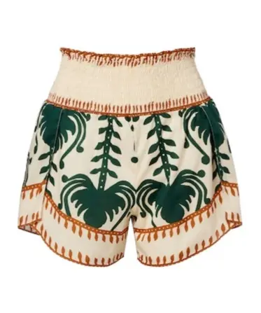 Johanna Ortiz Printed Shirred Cotton Shorts
