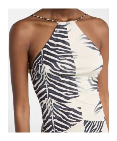 DE LA VALI Artemis Zebra Print Asymmetrical Gown - Nude