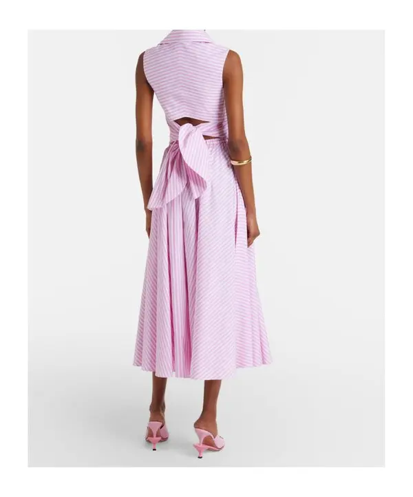 PATOU Pleated Striped Cotton Poplin Midi Skirt