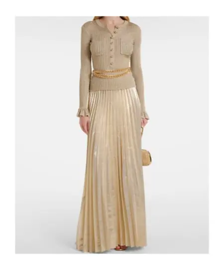 SELF-PORTRAIT Ribbed-knit Lamé Plissé Maxi Dress