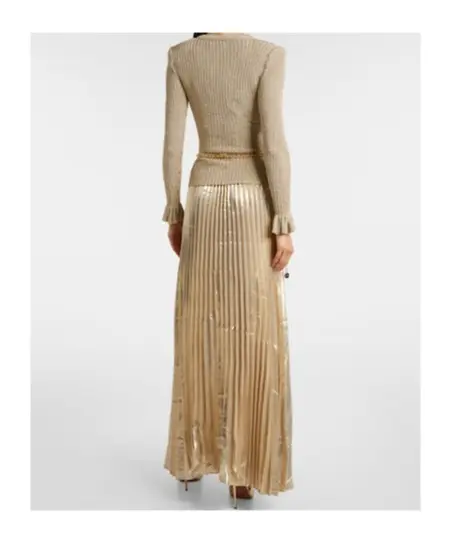 SELF-PORTRAIT Ribbed-knit Lamé Plissé Maxi Dress