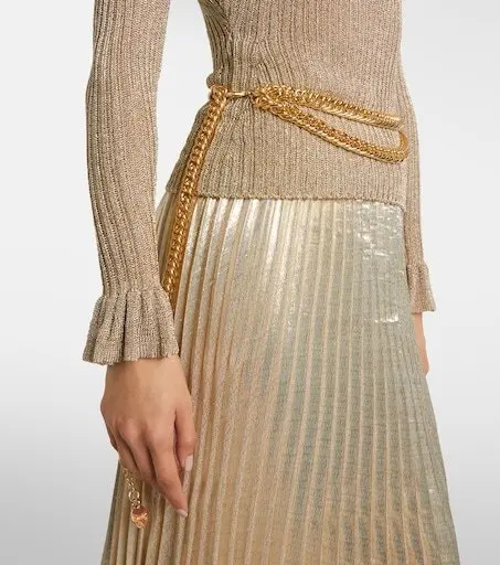 SELF-PORTRAIT Ribbed-knit Lamé Plissé Maxi Dress