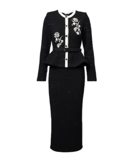 SELF-PORTRAIT Sequined Floral Tweed Midi Dress - Black