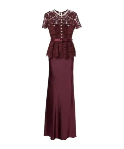 SELF-PORTRAIT Belted Lace And Satin Maxi Dress - Red