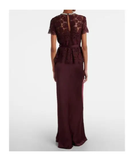 SELF-PORTRAIT Lace And Satin Maxi Dress With Embellished Buttons And Belted Waist