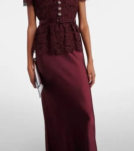 SELF-PORTRAIT Lace And Satin Maxi Dress With Embellished Buttons And Belted Waist