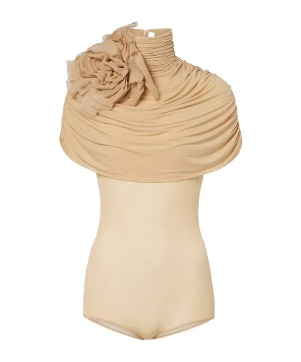 Magda Butrym Floral-appliqué Caped Jersey Bodysuit - Beige