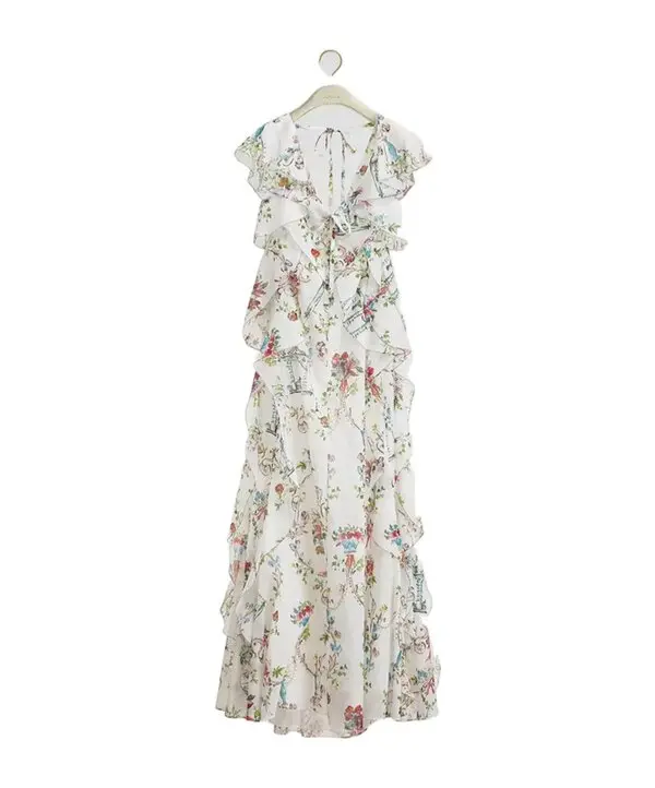 Dior Riviera Long Ruffled Floral Print Maxi Dress - White