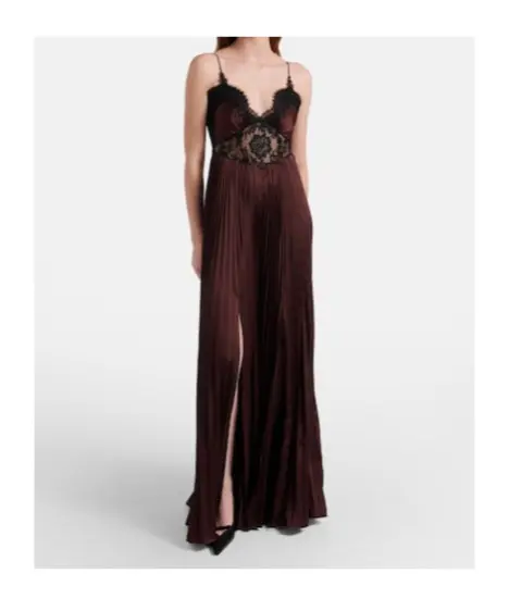 SELF-PORTRAIT Lace-trimmed Pleated Satin Maxi Dress