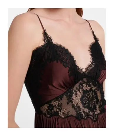 SELF-PORTRAIT Lace-trimmed Pleated Satin Maxi Dress