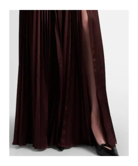 SELF-PORTRAIT Lace-trimmed Pleated Satin Maxi Dress