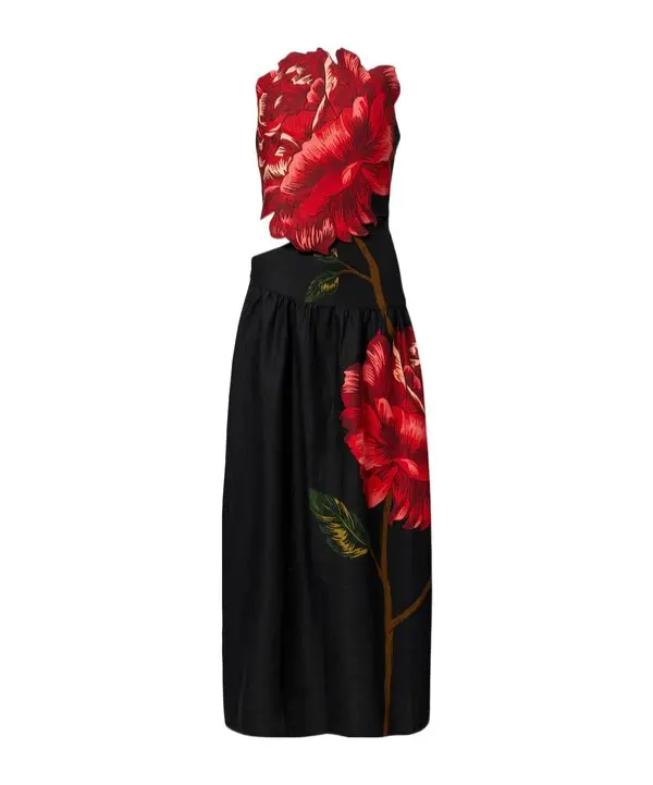 Farm Rio Floral-appliqué Linen-blend Cocktail Dress - Black