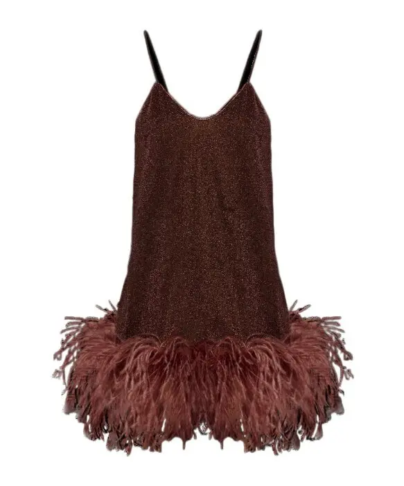 Oseree Feather-detail V-neck Mini Dress - Brown