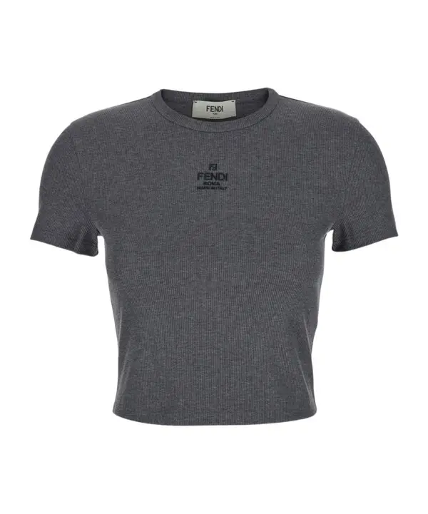 Fendi Ribbed Cropped T-shirt With Logo Lettering