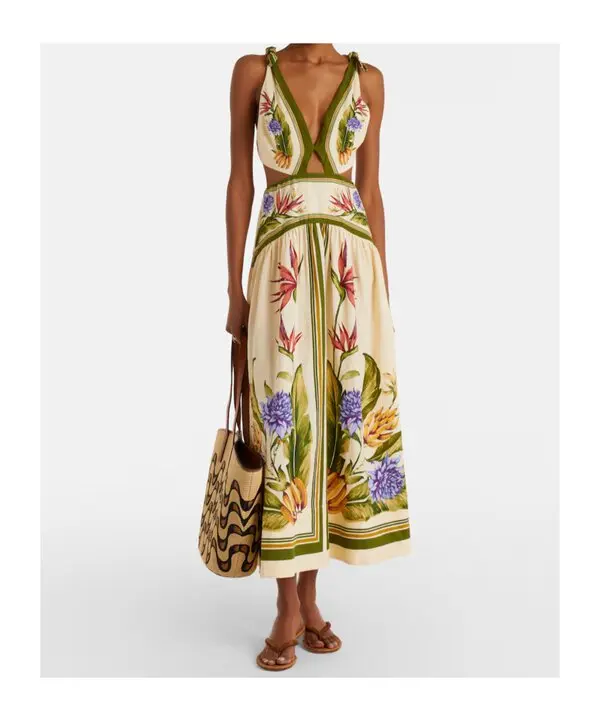 Farm Rio Floral Cutout Linen-blend Maxi Dress - Nude