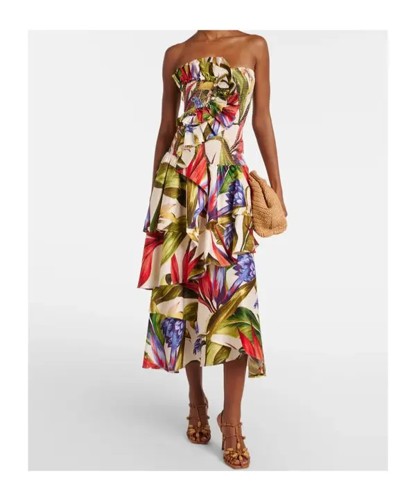 Farm Rio Strapless Ruffled Floral Cotton Midi Dress