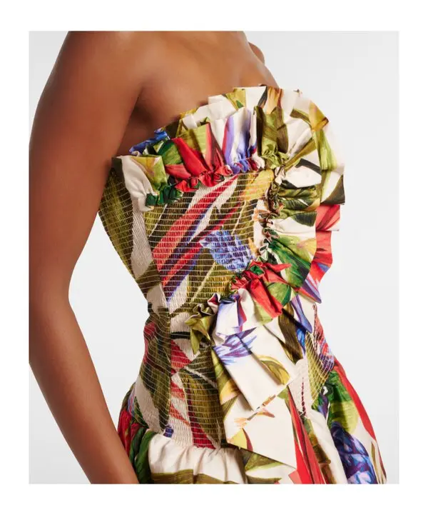 Farm Rio Strapless Ruffled Floral Cotton Midi Dress