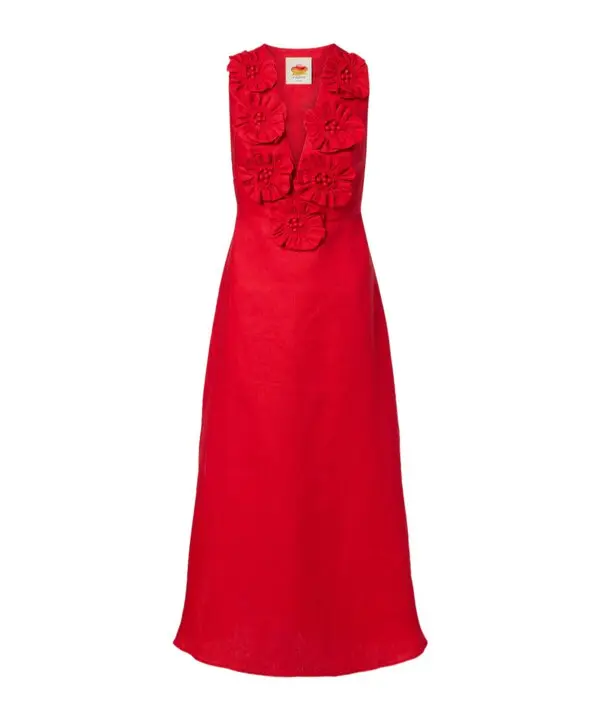 Farm Rio Floral-appliqué Halterneck Linen Midi Dress - Red