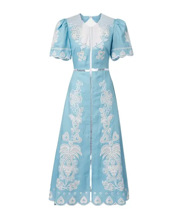 Farm Rio Embroidered Open-back Linen Midi Dress
