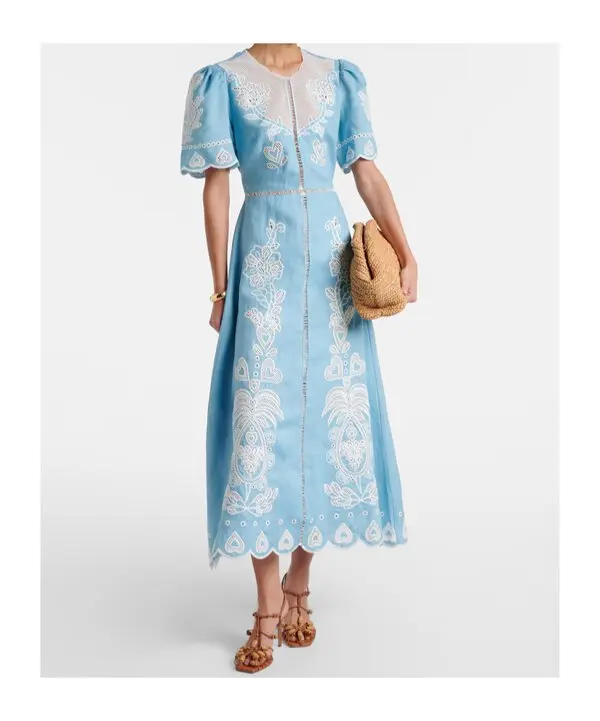 Farm Rio Embroidered Open-back Linen Midi Dress