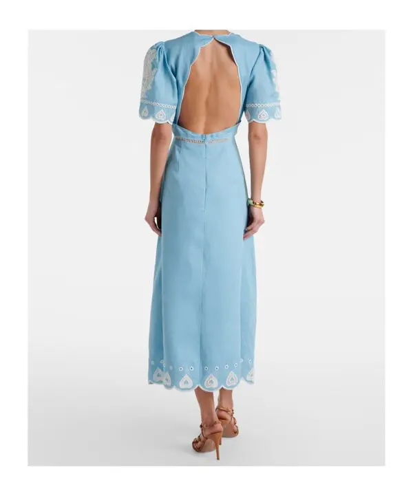 Farm Rio Embroidered Open-back Linen Midi Dress