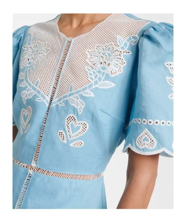 Farm Rio Embroidered Open-back Linen Midi Dress