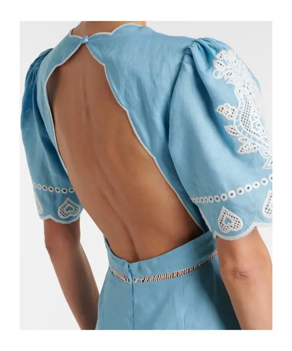Farm Rio Embroidered Open-back Linen Midi Dress