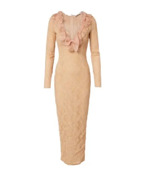 Alessandra Rich Ruffled Lace Midi Dress - Nude