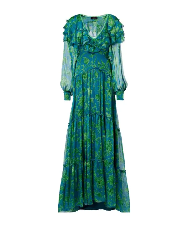 Etro Floral Ruffled Tiered Silk Chiffon Maxi Dress - Blue