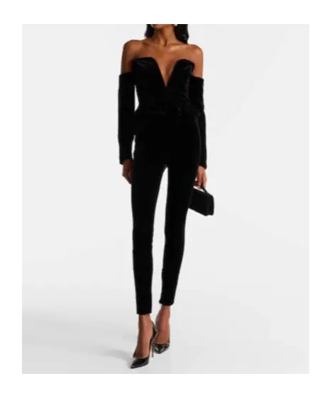Alessandra Rich Velvet Off-shoulder Jumpsuit With Bow Detail