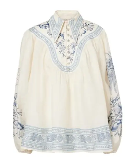 ALEMAIS Villa Romantica Printed Ramie Blouse - White
